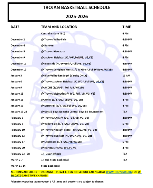 Troy Public Schools - 2025 - 2026 HS Basketball Schedule Updated